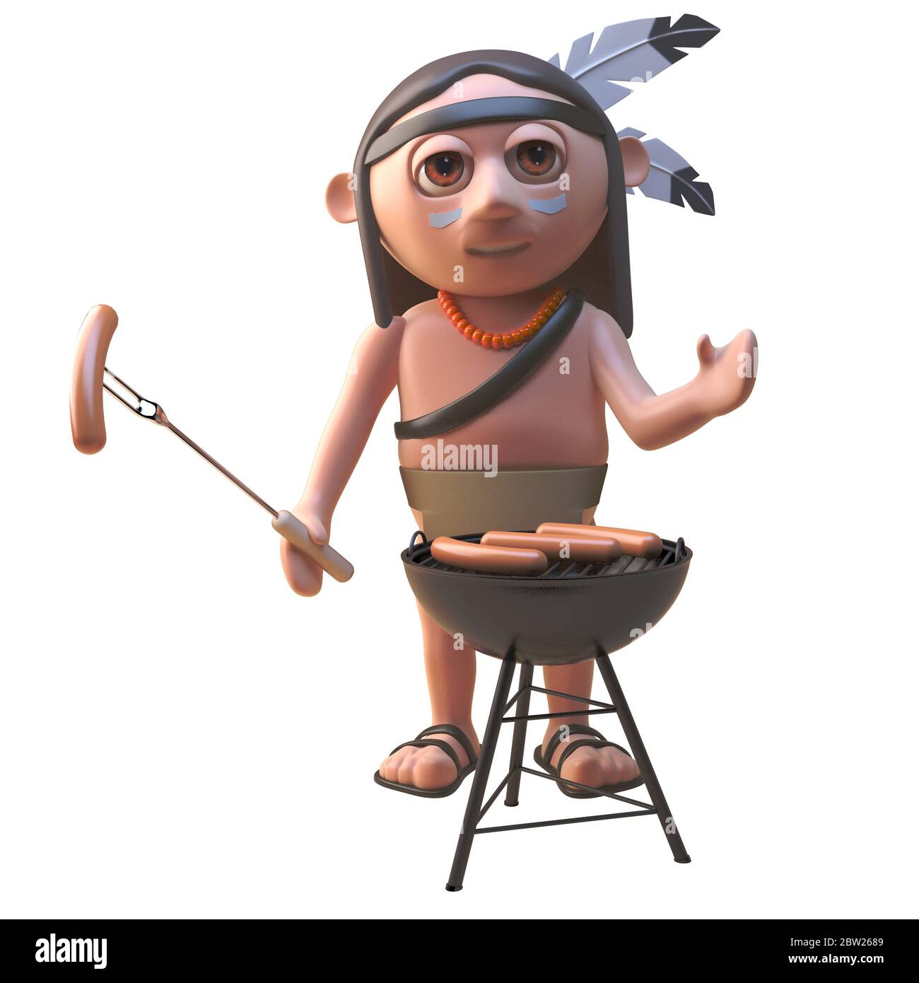 3d cartoon Native American character cooking sausages on a bbq barbecue ...