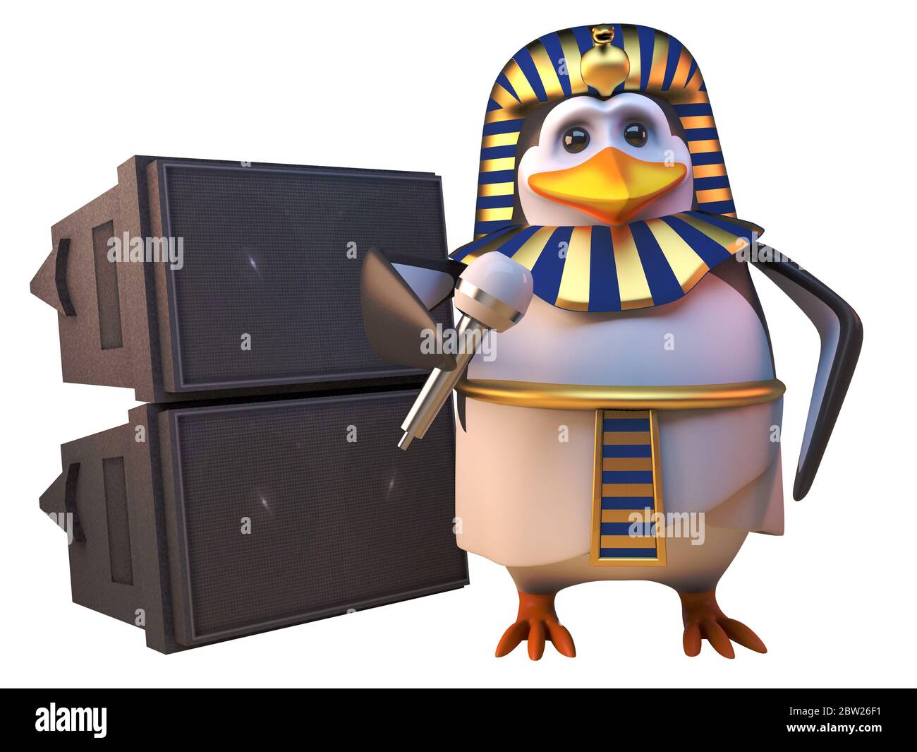 3d cartoon Egyptian pharoah penguin singing with microphone in front of ...