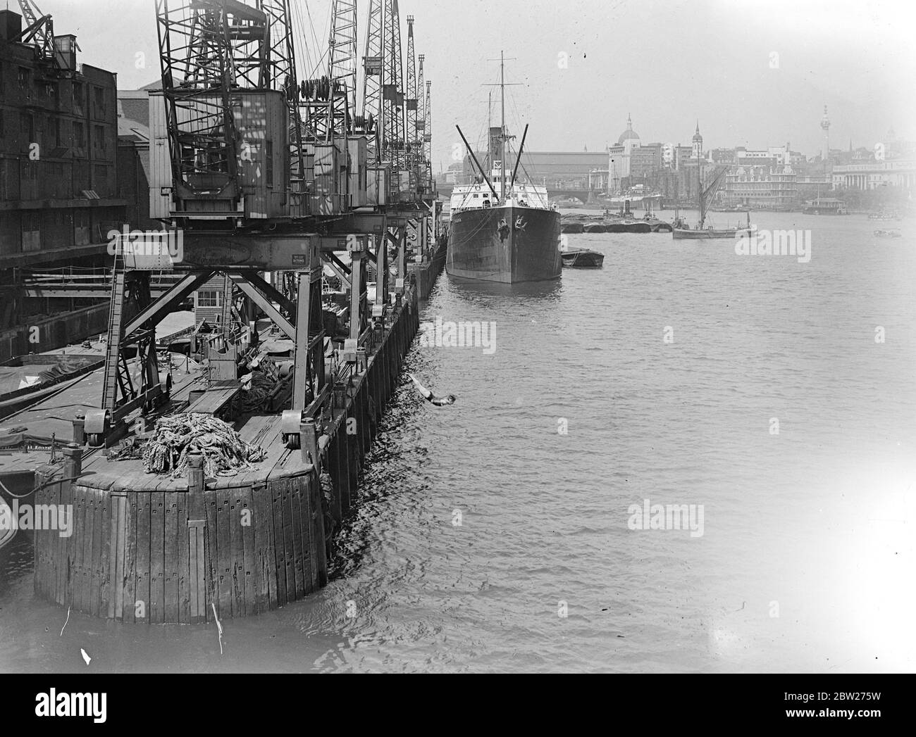 Man diving into River Thames, the Pool of London, from the docks ...