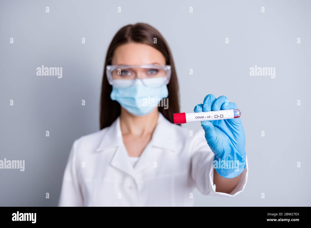 Closeup photo of lady professional doc clinic hospital virology ...