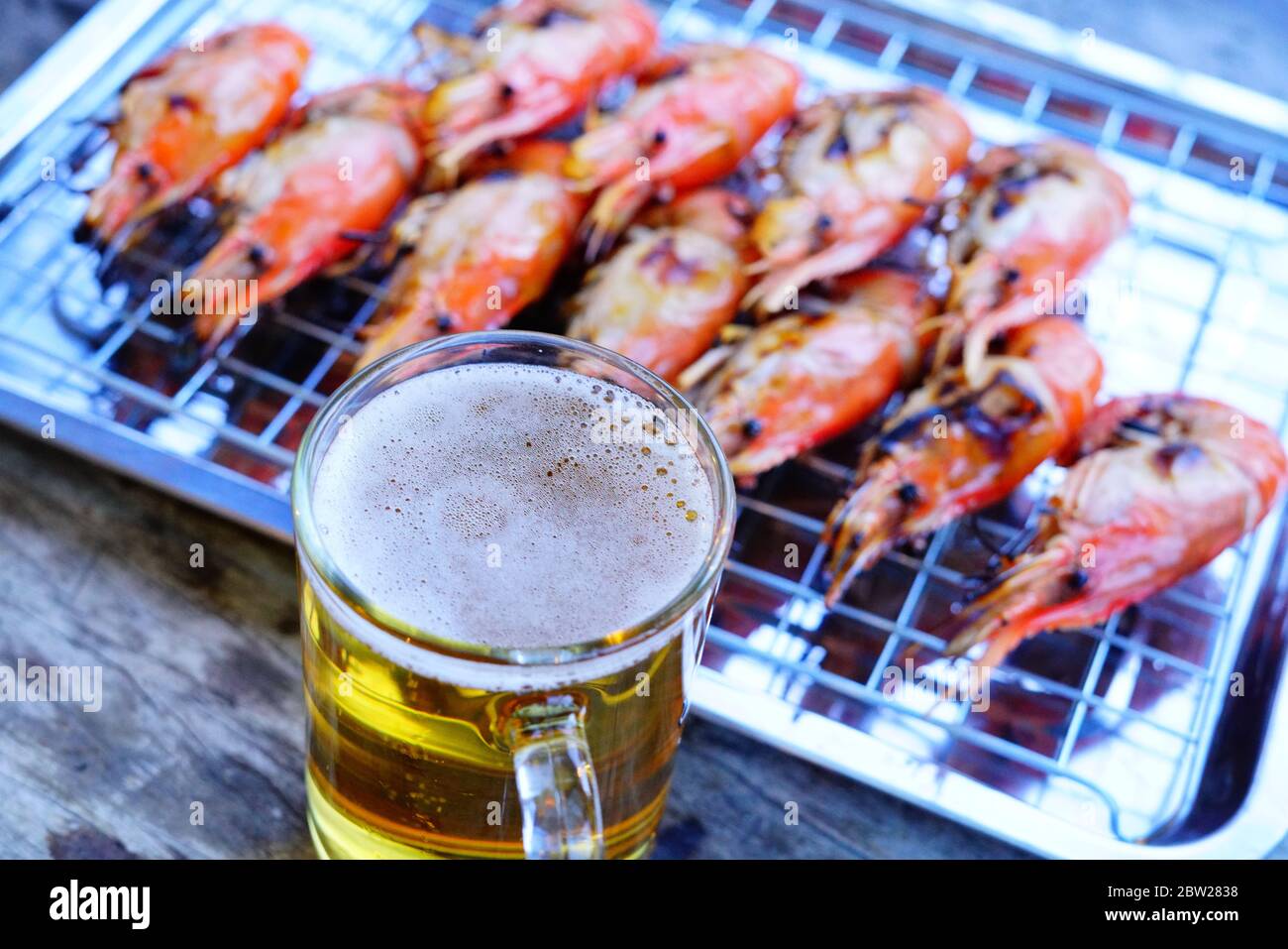 Grilled shrimp (Giant freshwater River prawn) grilling with charcoal at ...