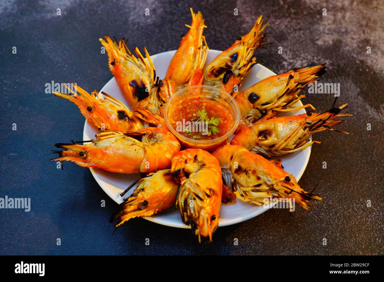 Grilled shrimp (Giant freshwater River prawn) grilling with charcoal at ...