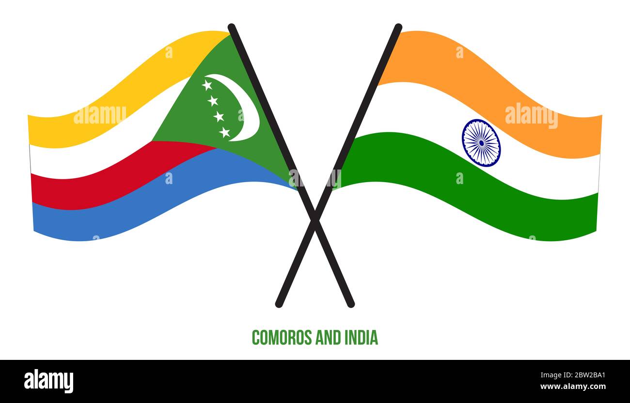 Comoros and India Flags Crossed And Waving Flat Style. Official ...