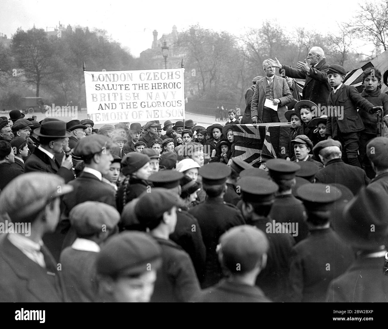 Trafalgar Day Celebrations 1916. The meeting at Tower Hill. Sign saying ...