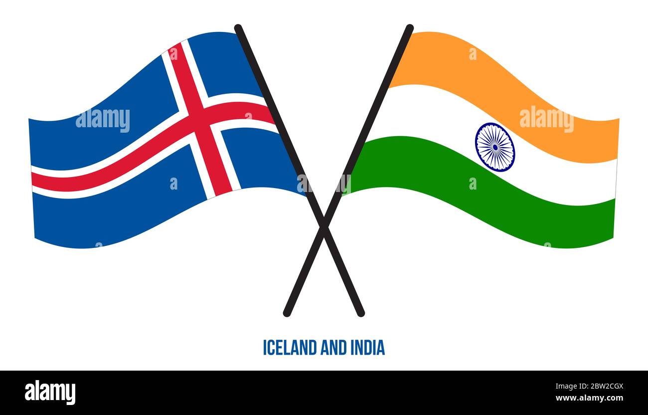 Iceland and India Flags Crossed And Waving Flat Style. Official ...