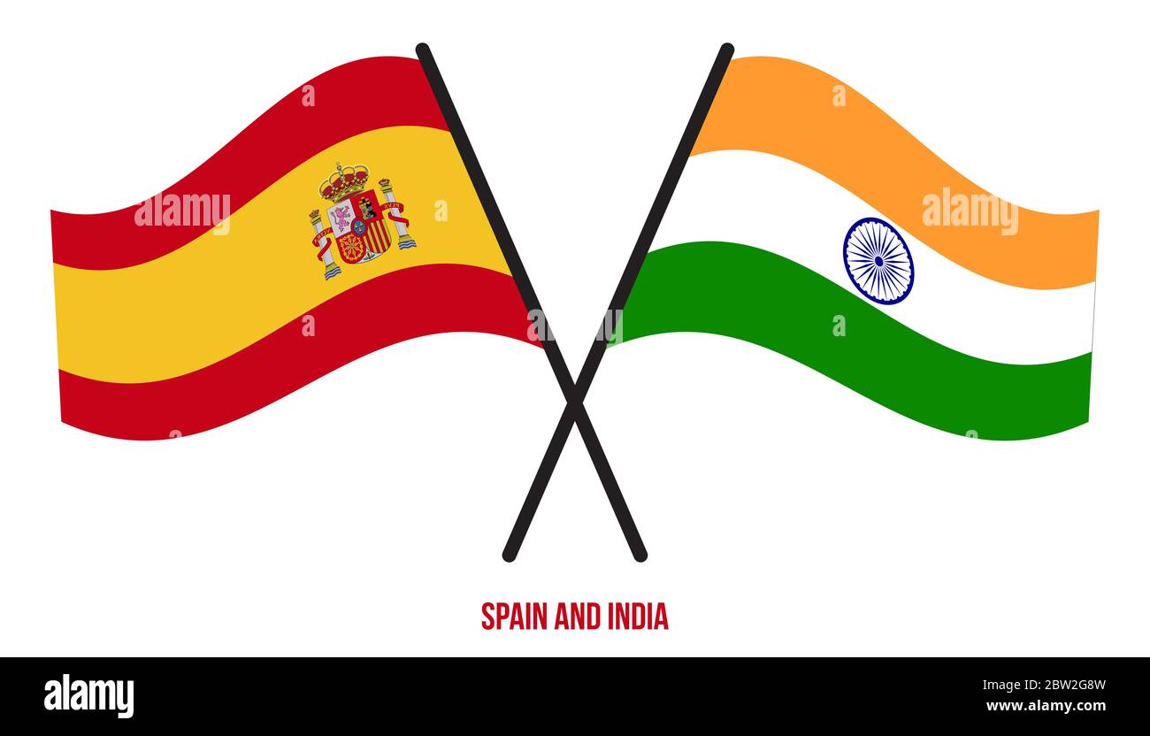 Spain and India Flags Crossed And Waving Flat Style. Official ...