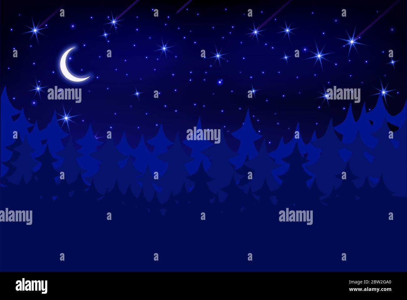Starry sky with bright and dim stars in the night forest. horizontal ...
