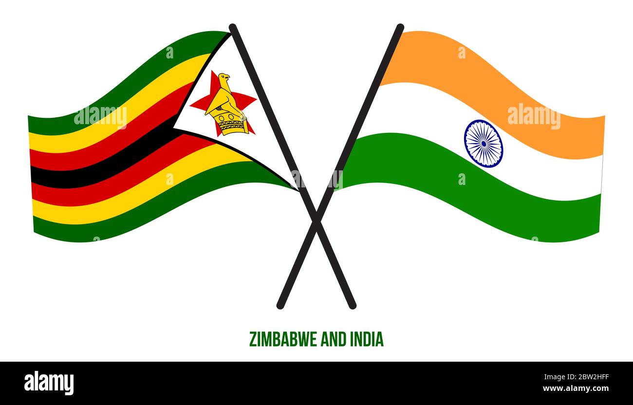Zimbabwe And India Flags Crossed And Waving Flat Style Official