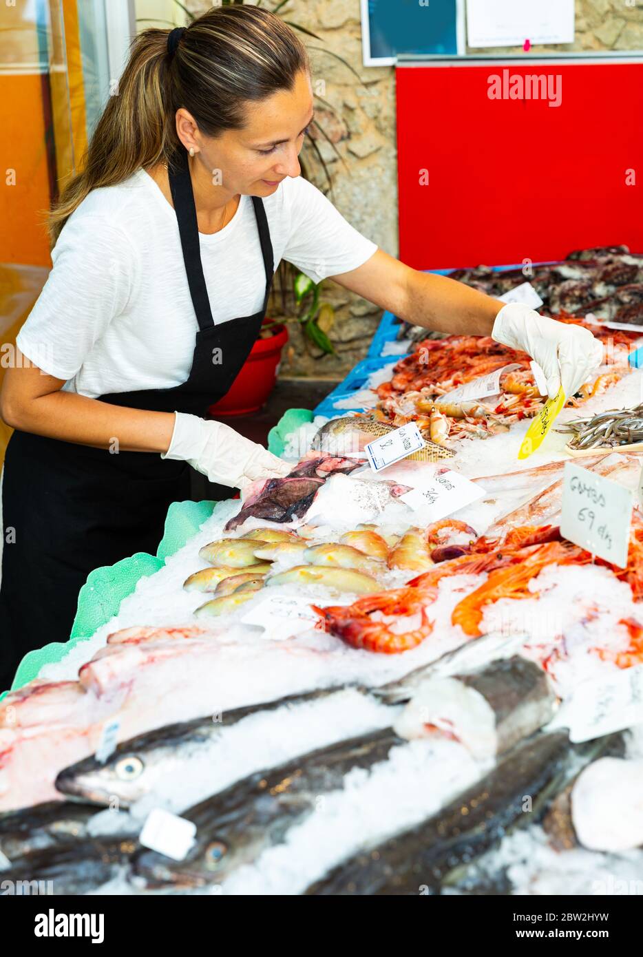 Female owner of fish shop arranging fresh raw seafoods on display case ...