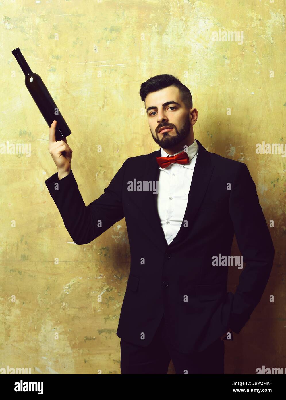 Bearded waiter with calm and confident face in classic suit holds ...