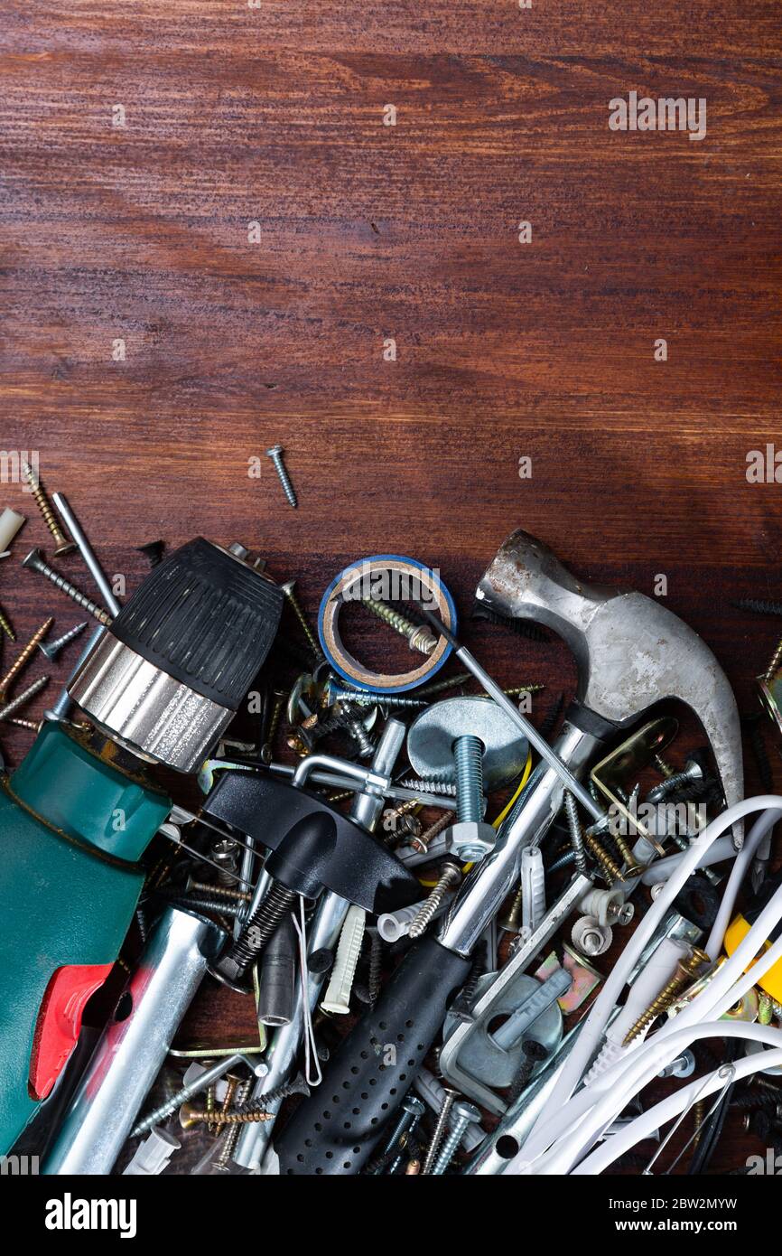 Variety of building hardware and tools with space for text Stock Photo ...