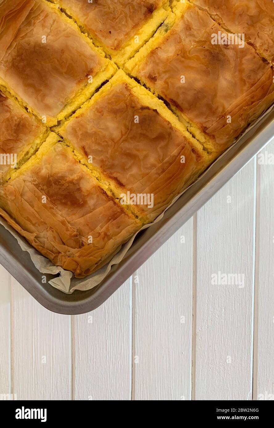Greek cuisine concept. Traditional greek Bougatsa, phyllo pastry filled ...