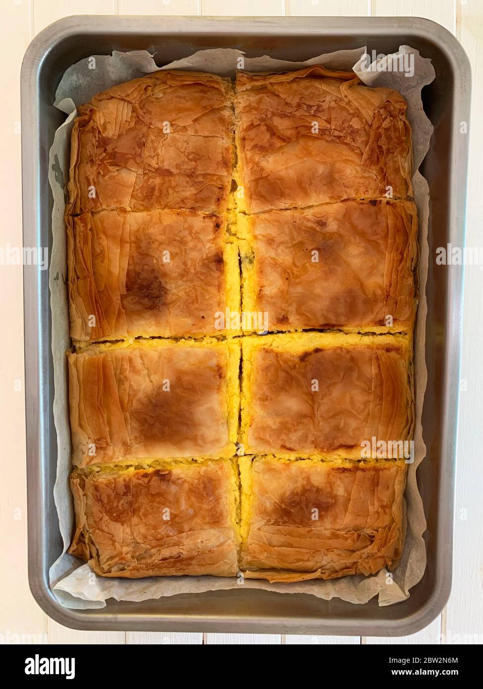Greek cuisine concept. Traditional greek Bougatsa, phyllo pastry filled ...