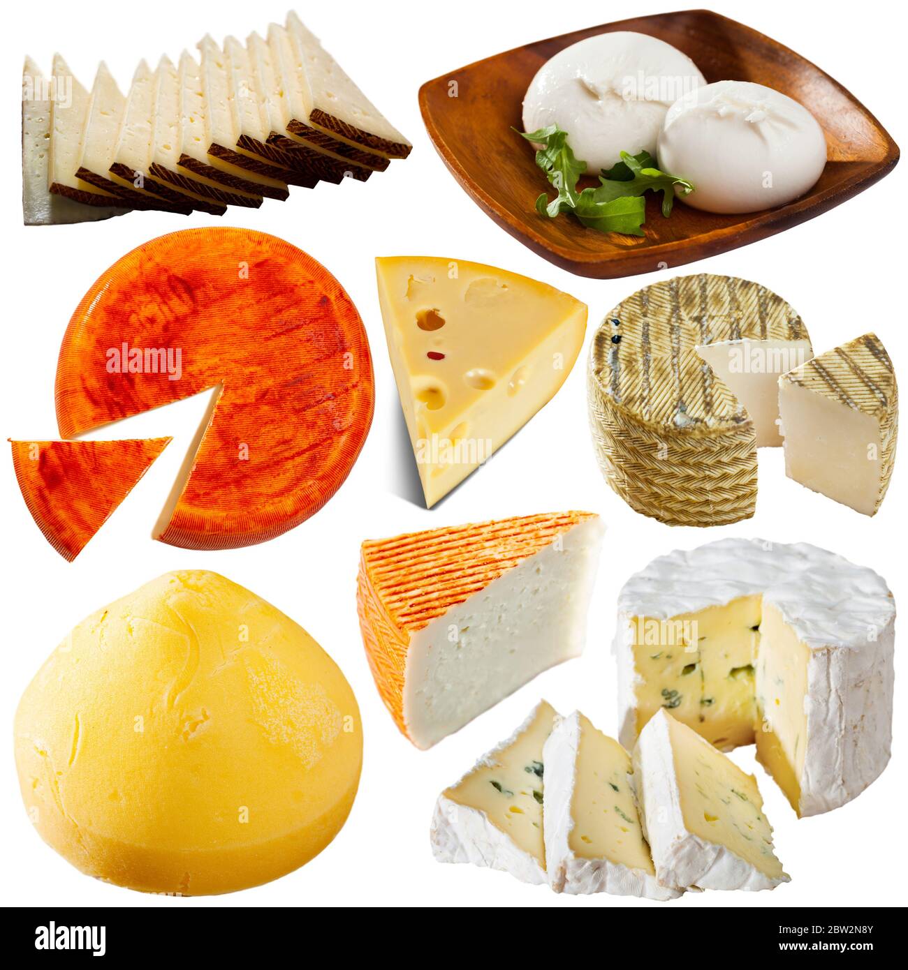 Collection of various hard and soft cheeses isolated on white ...