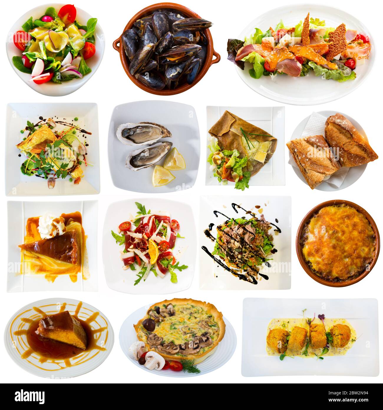 Set of various dishes of French cuisine isolated on white background ...