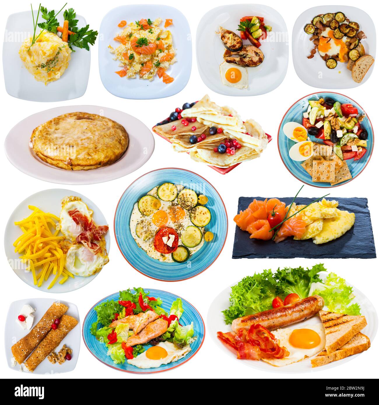 Collage of various breakfast foods on a white background Stock Photo ...