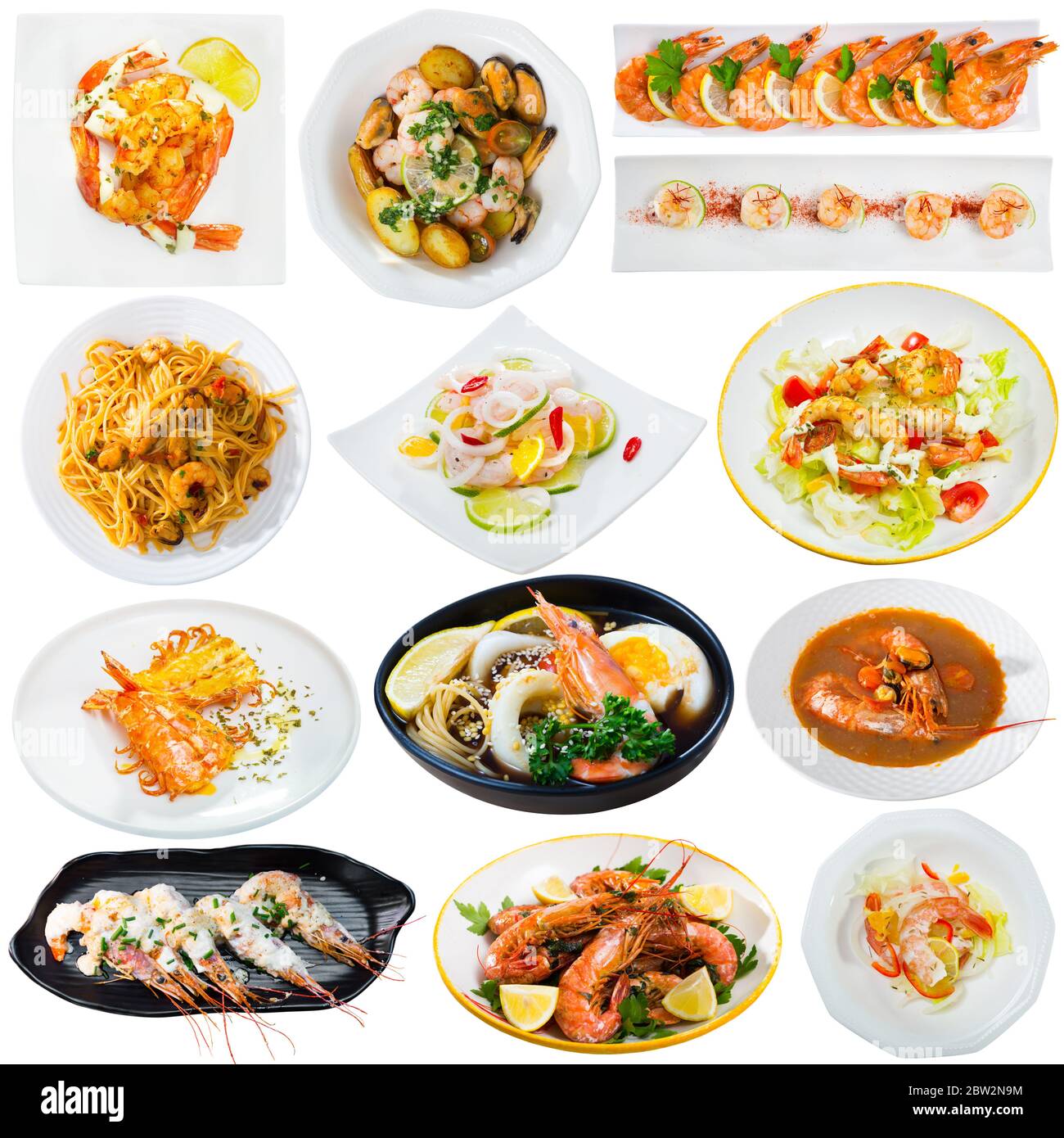 Collection of various dishes with shrimps, sauces and condiment on ...