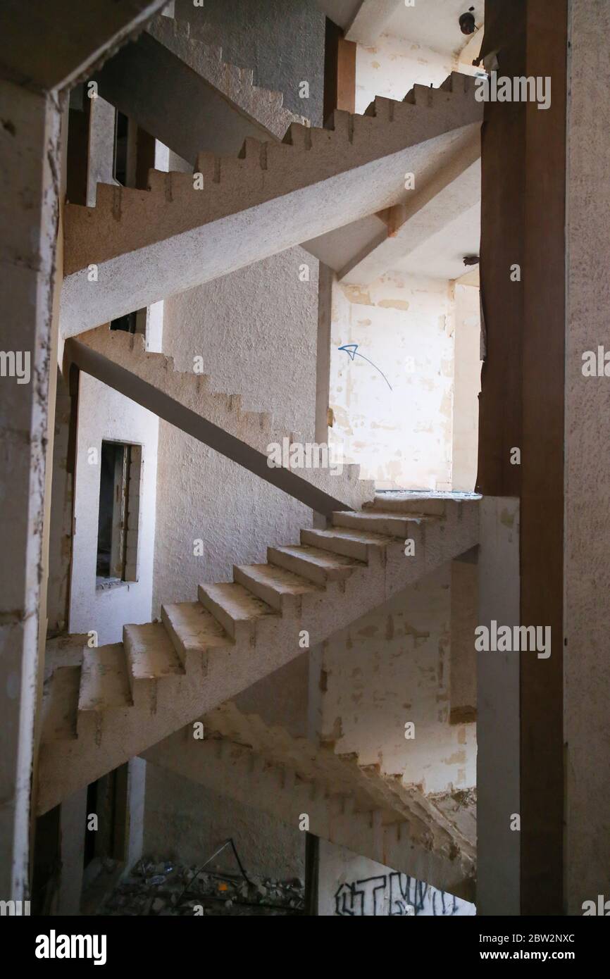 Staircase of an abandoned ruined building at the Jerma Palace Hotel in ...