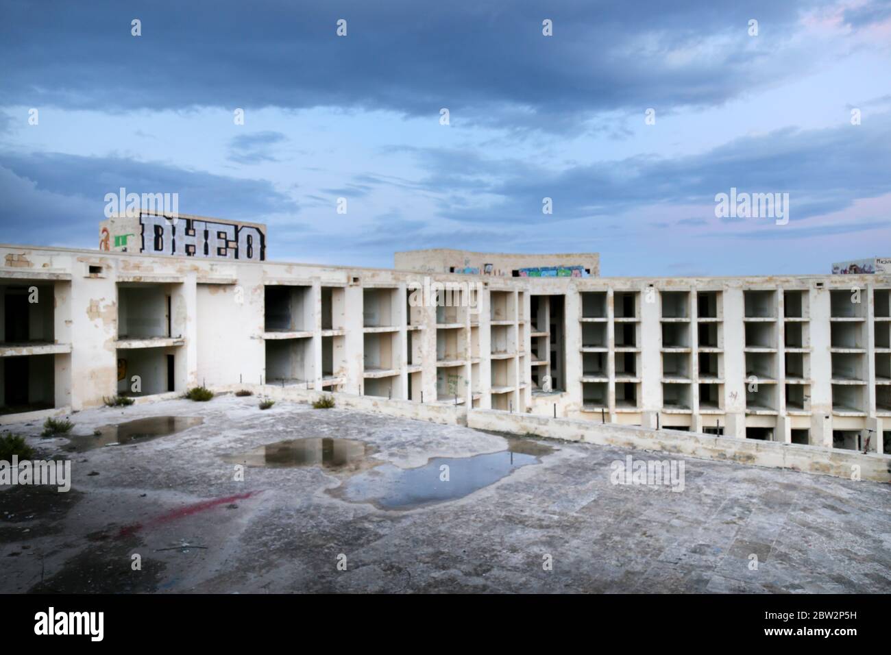 Exterior of the abandoned ruined building at the Jerma Palace Hotel in ...