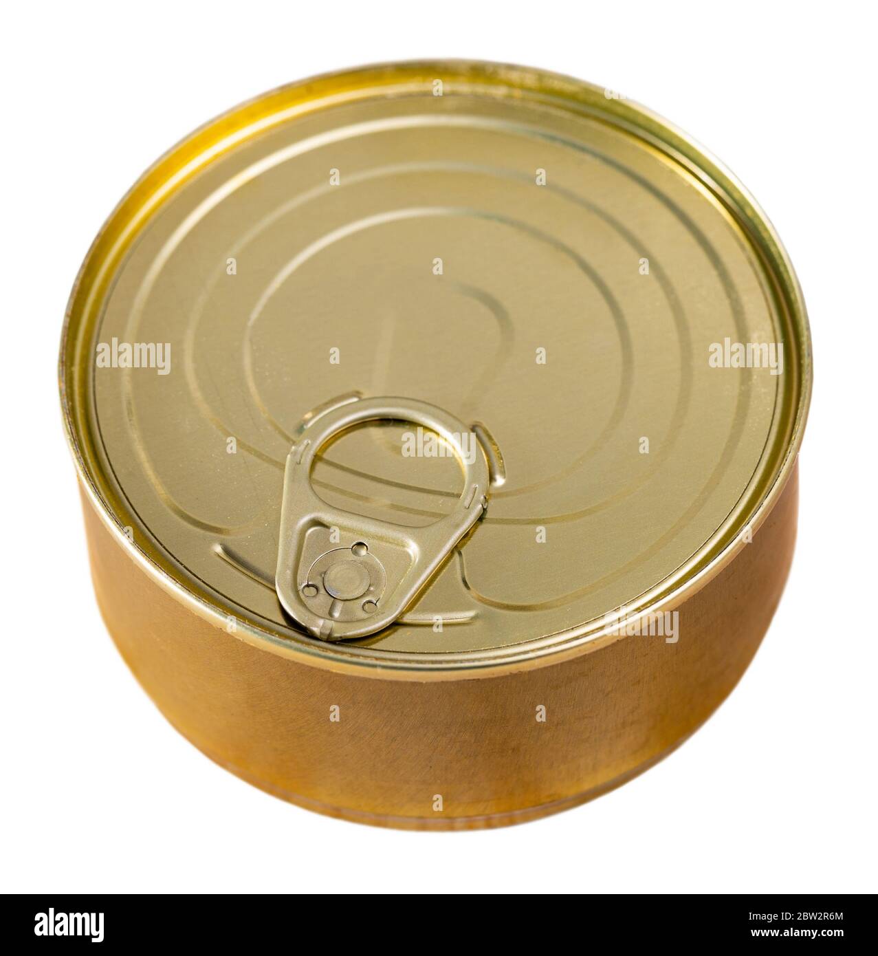 Closeup of unlabelled tin can with easy open lid with ring pull tab ...