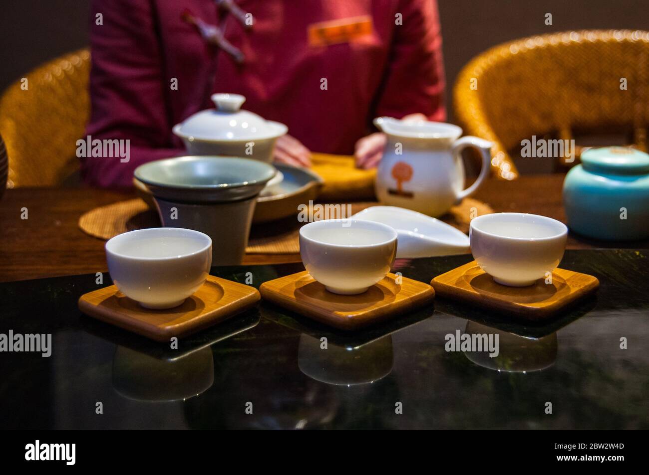 Preparations for a Fujian style tea ceremony in Fuzhou city. On the ...