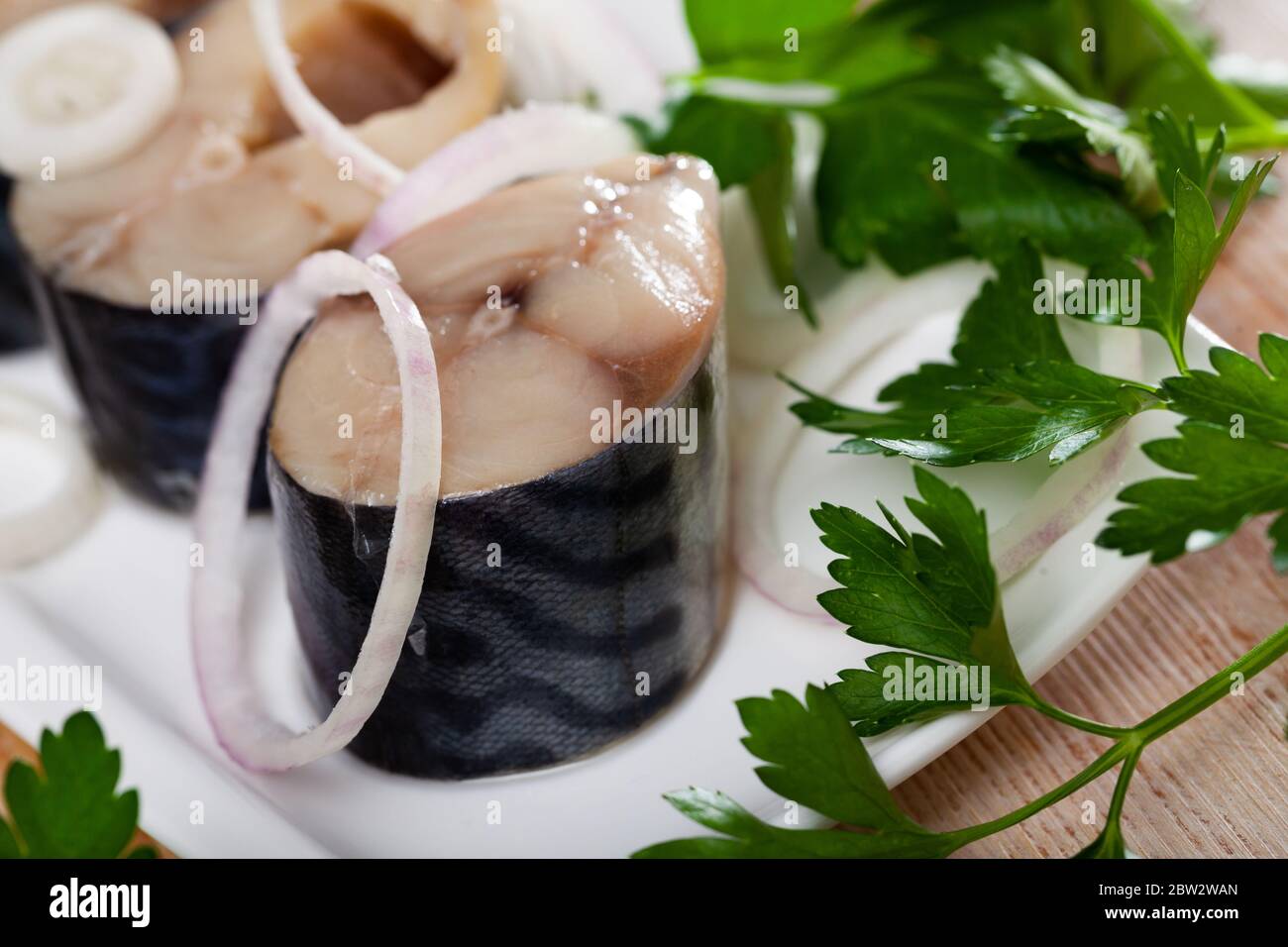 Image of sliced lightly salted mackerel fish served with onion and ...