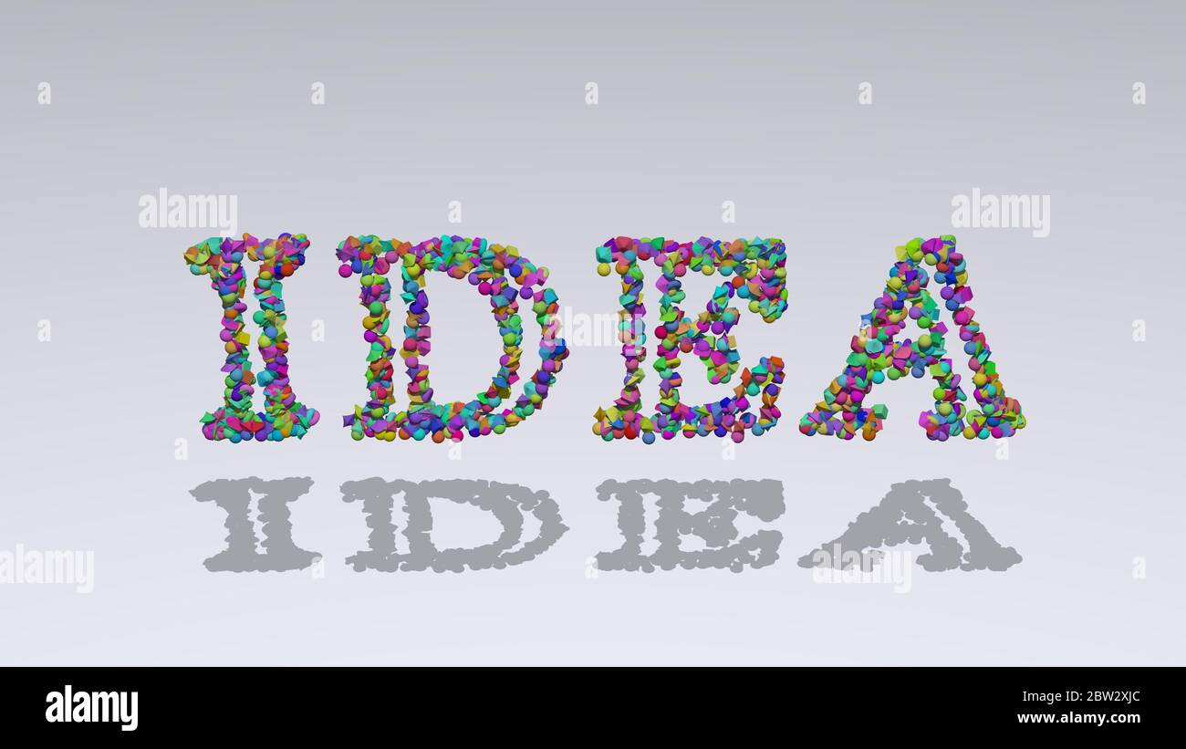 Colorful 3D writting of idea text with small objects over a white ...