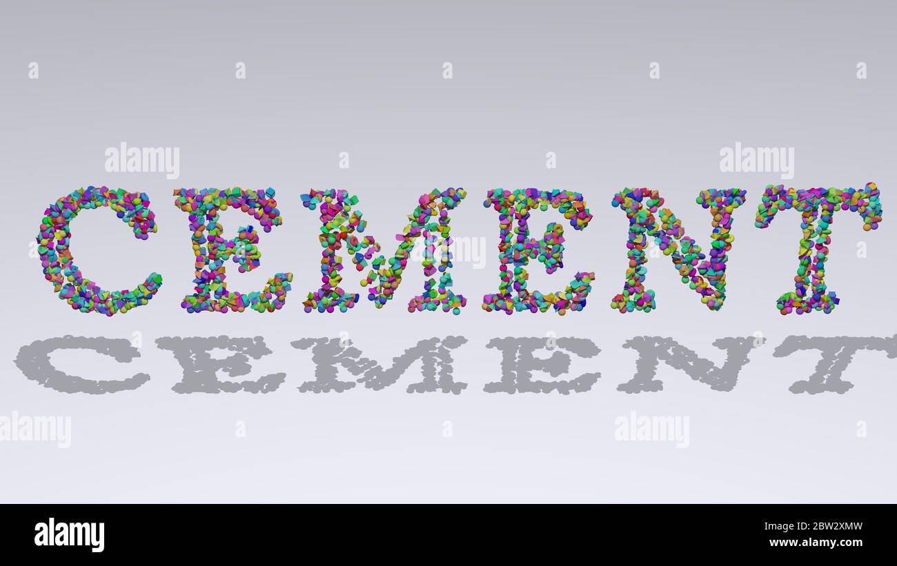 Colorful 3D writting of cement text with small objects over a white ...