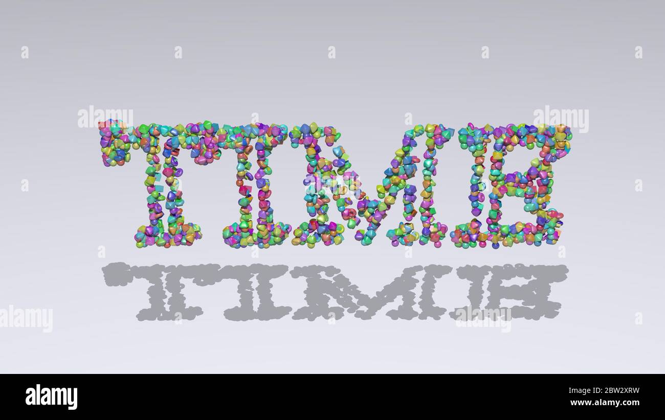 time written in 3D illustration by colorful small objects casting ...