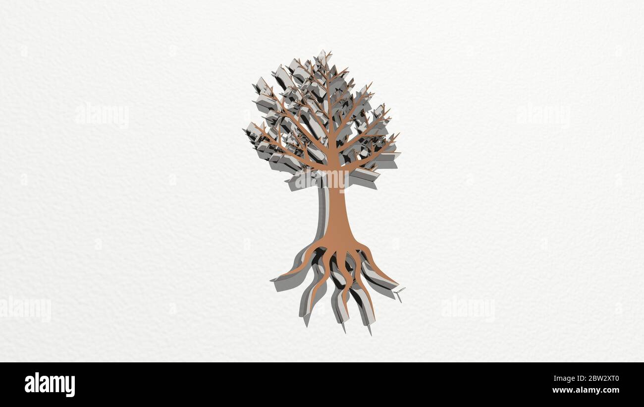 tree with roots made by 3D illustration of a shiny metallic sculpture ...