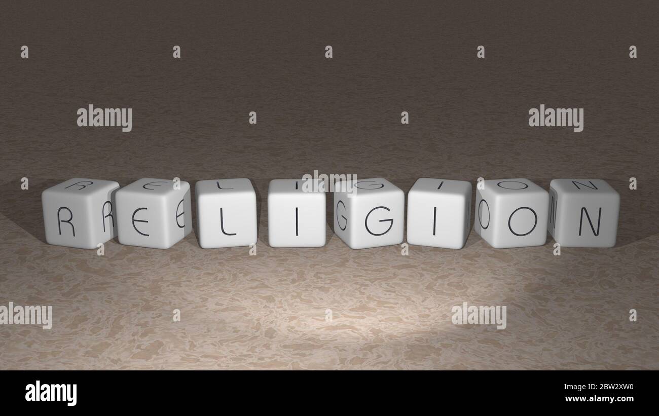 alphabetic Religion arranged by cubic letters on a mirror floor ...