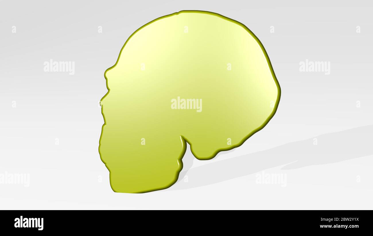 SKULL made by 3D illustration of a shiny metallic sculpture on a wall ...