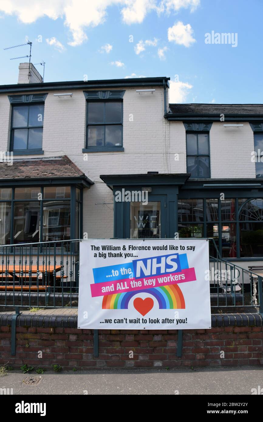 Thank you NHS poster outside William & Florence pub during Coronavirus ...