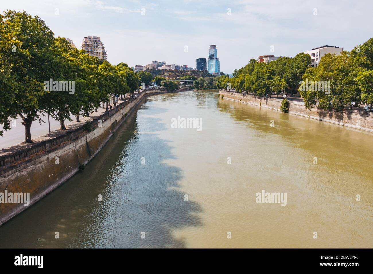 Looking down the Mtkvari River in Tbilisi, the capital city of Georgia ...