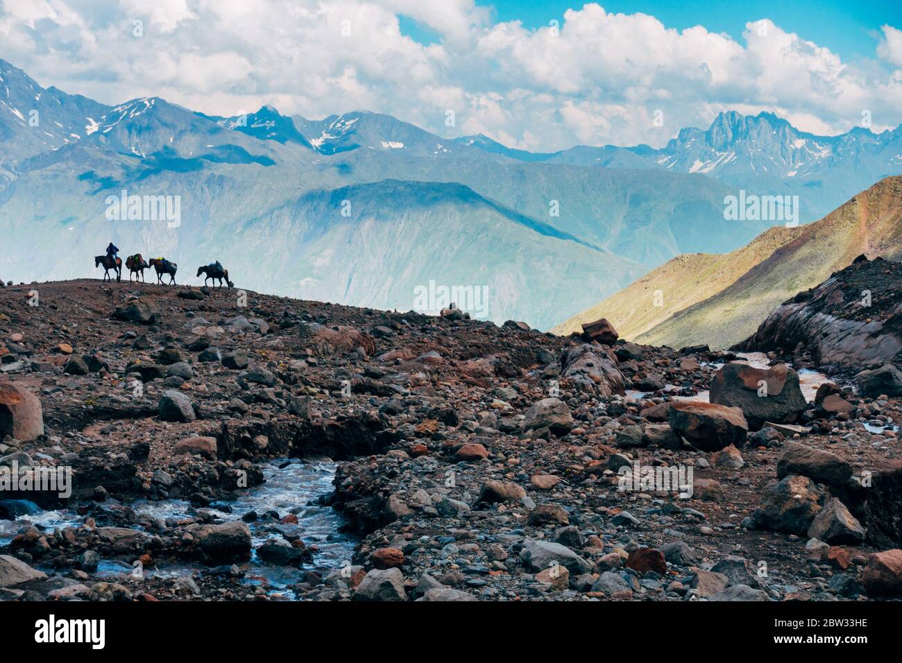 Silhouettes of horses carrying supplies up Mount Kazbek, Georgia ...