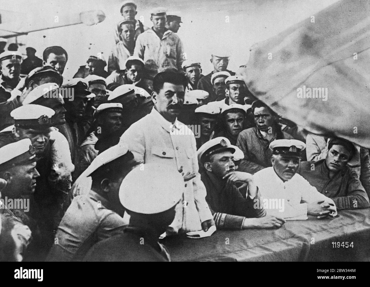 Stalin inspects the Russian fleet . Josef Stalin , the Russian dictator ...