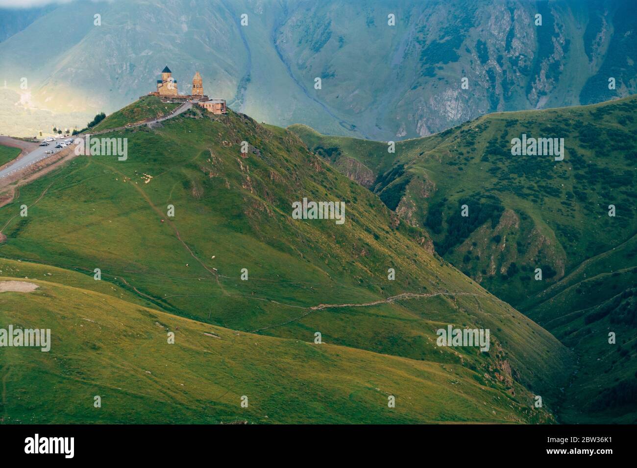 The Gergeti Trinity Church seen at sunset. Elevation 2170m, near Mount ...
