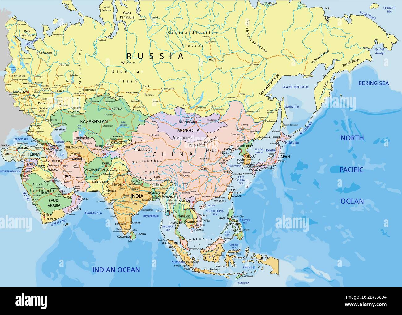 Asia - Highly detailed editable political map with separated layers ...