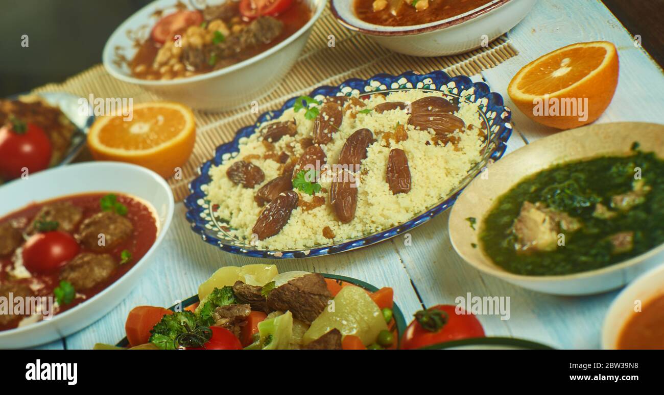 Algerian cuisine, Traditional assorted Mediterranean dishes, Top view ...