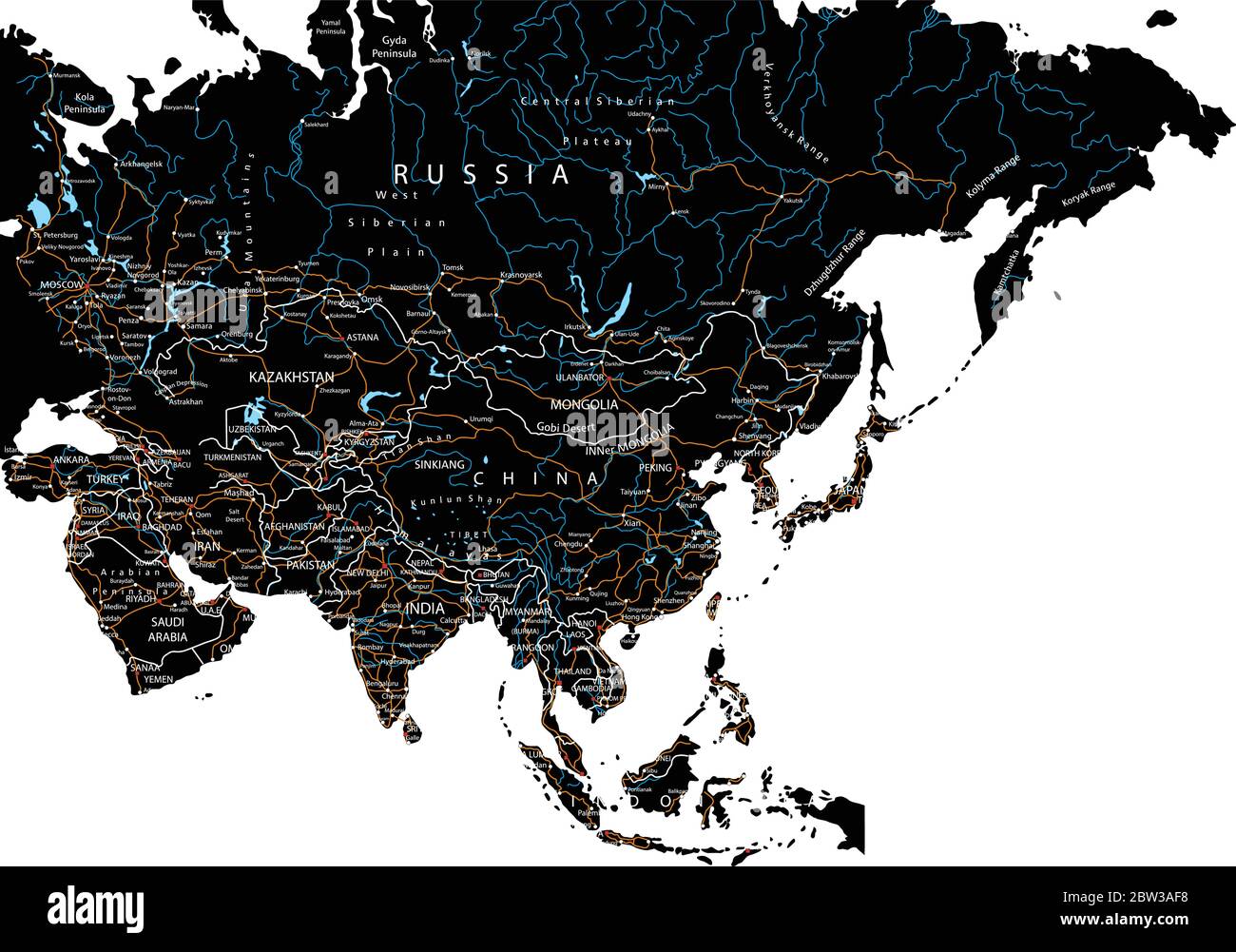 High detailed Asia road map with labeling - Black. (clearly labeled on ...