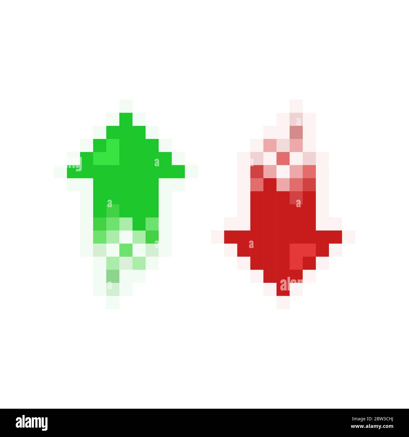Pixel art 8-bit increase and decrease arrows set red and green - isolated vector illustration ...
