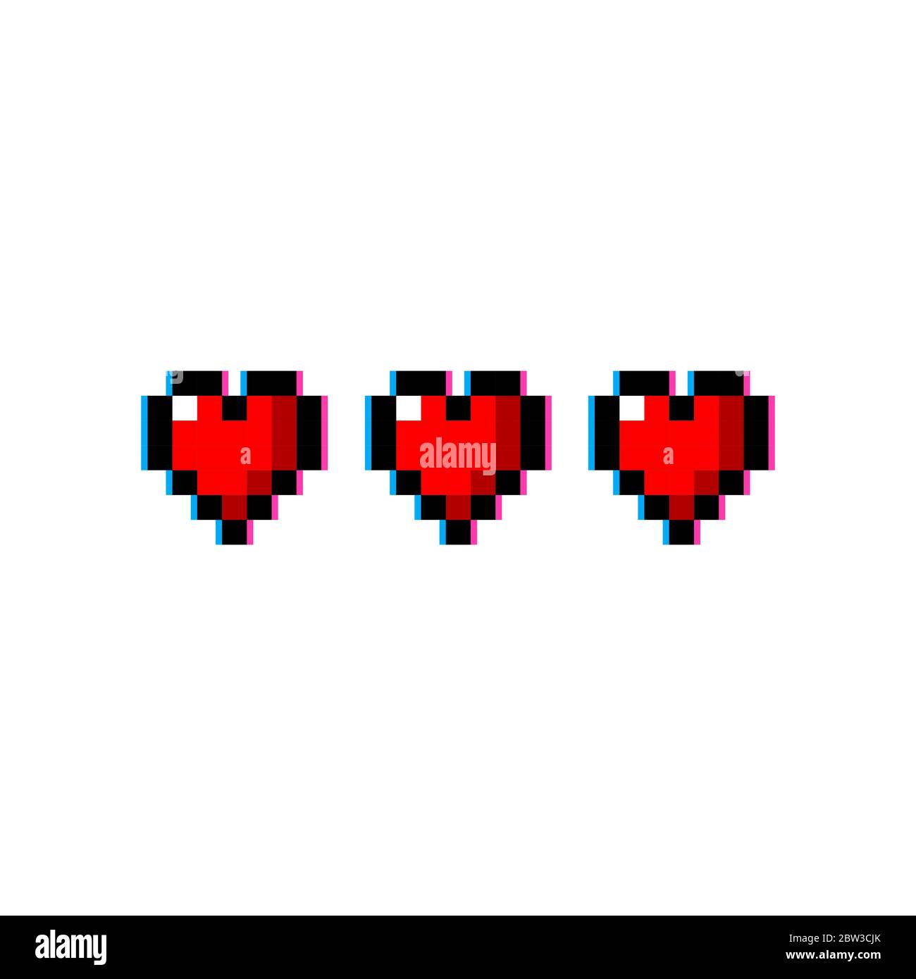 Pixel art life three hearts red glitch set - isolated vector ...