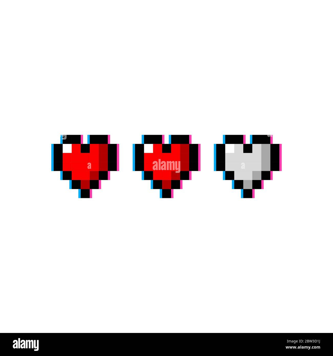 Pixel art life three hearts red glitch set - isolated vector ...