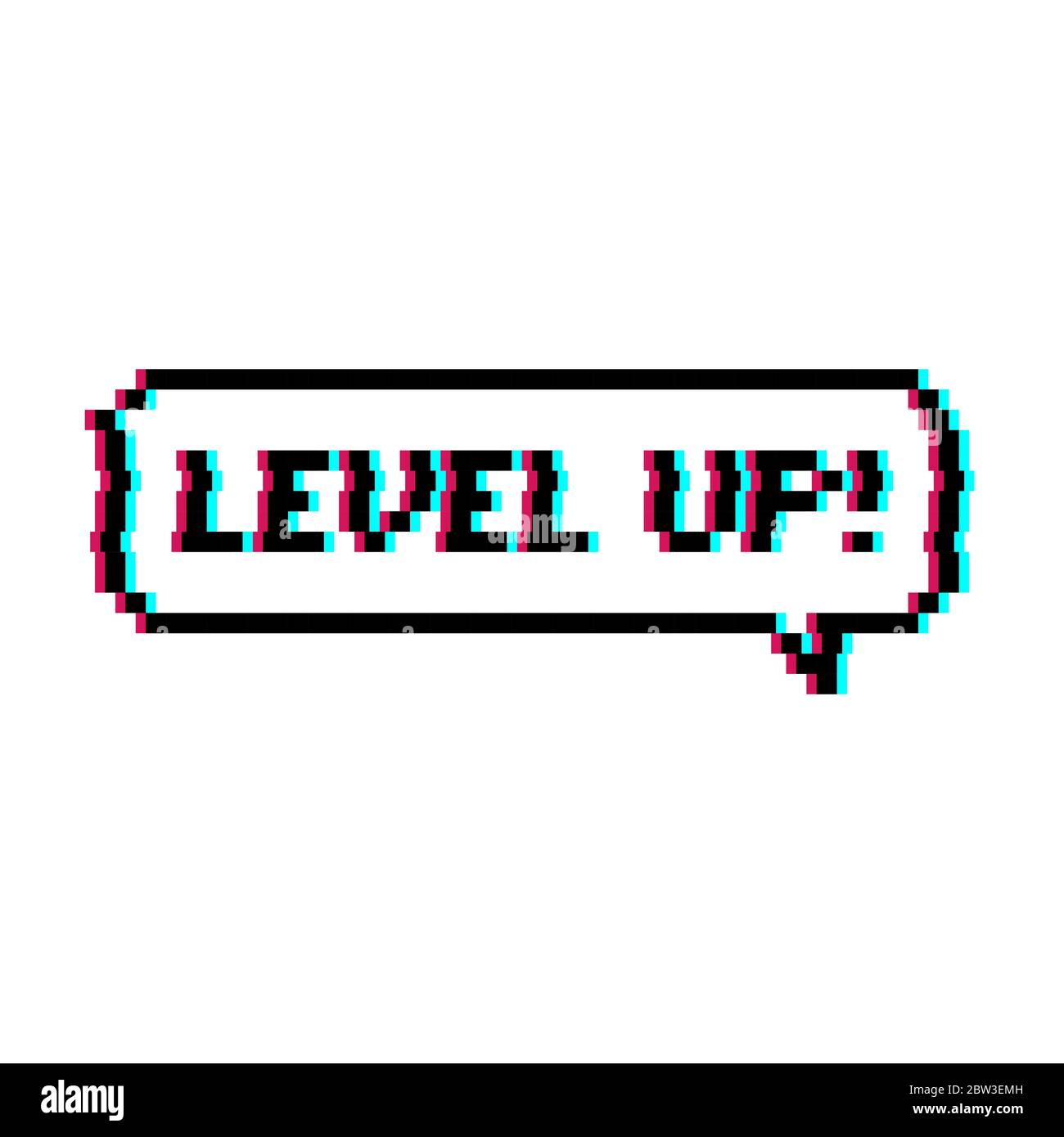 Pixel art 8-bit speech bubble saying level up with glitch effect - isolated vector illustration ...