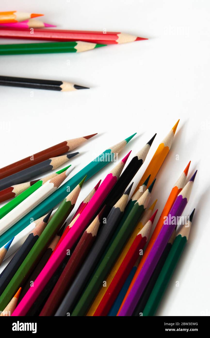 Many different colored pencils for children are brought together Stock ...