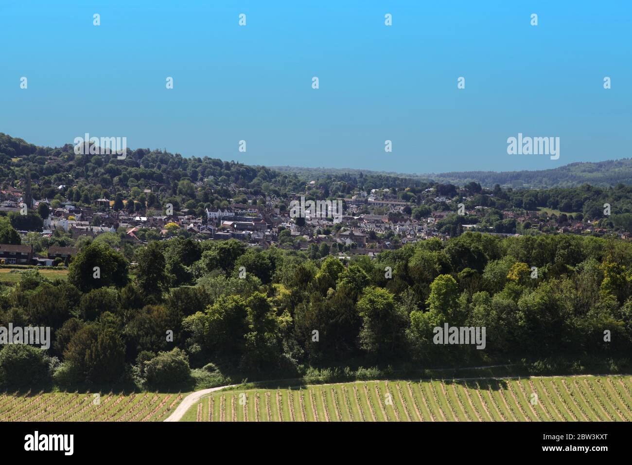 Distant view of Dorking town centre from Denbies vineyard in the Surrey ...