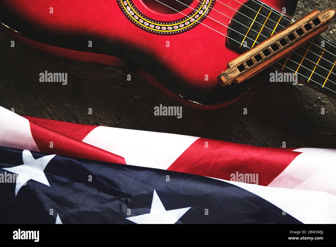 Star spangled banner, guitar and harmonica. Musical instrument and flag ...