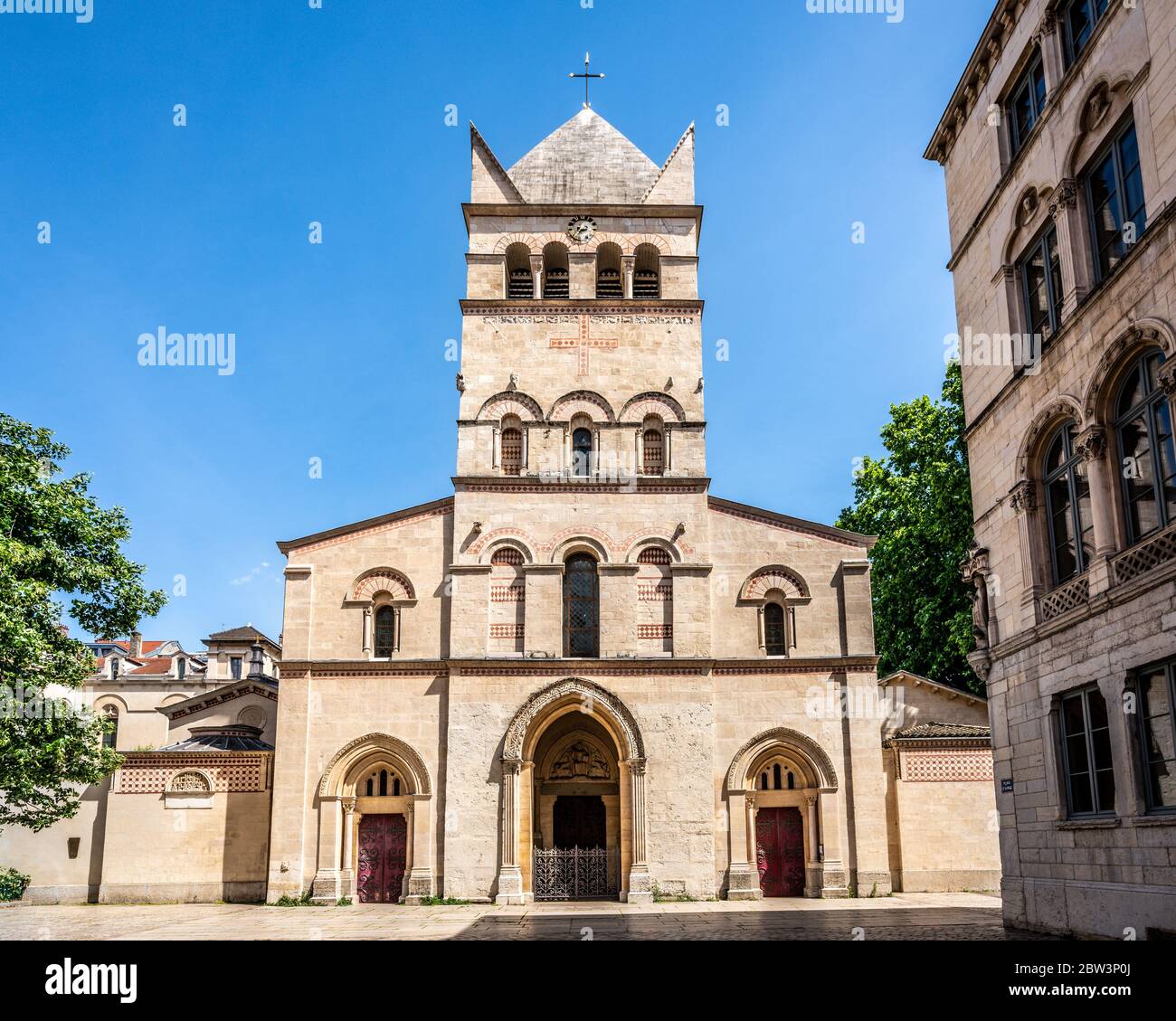 Front view of the Basilica of Saint-Martin d’Ainay a Romanesque church ...