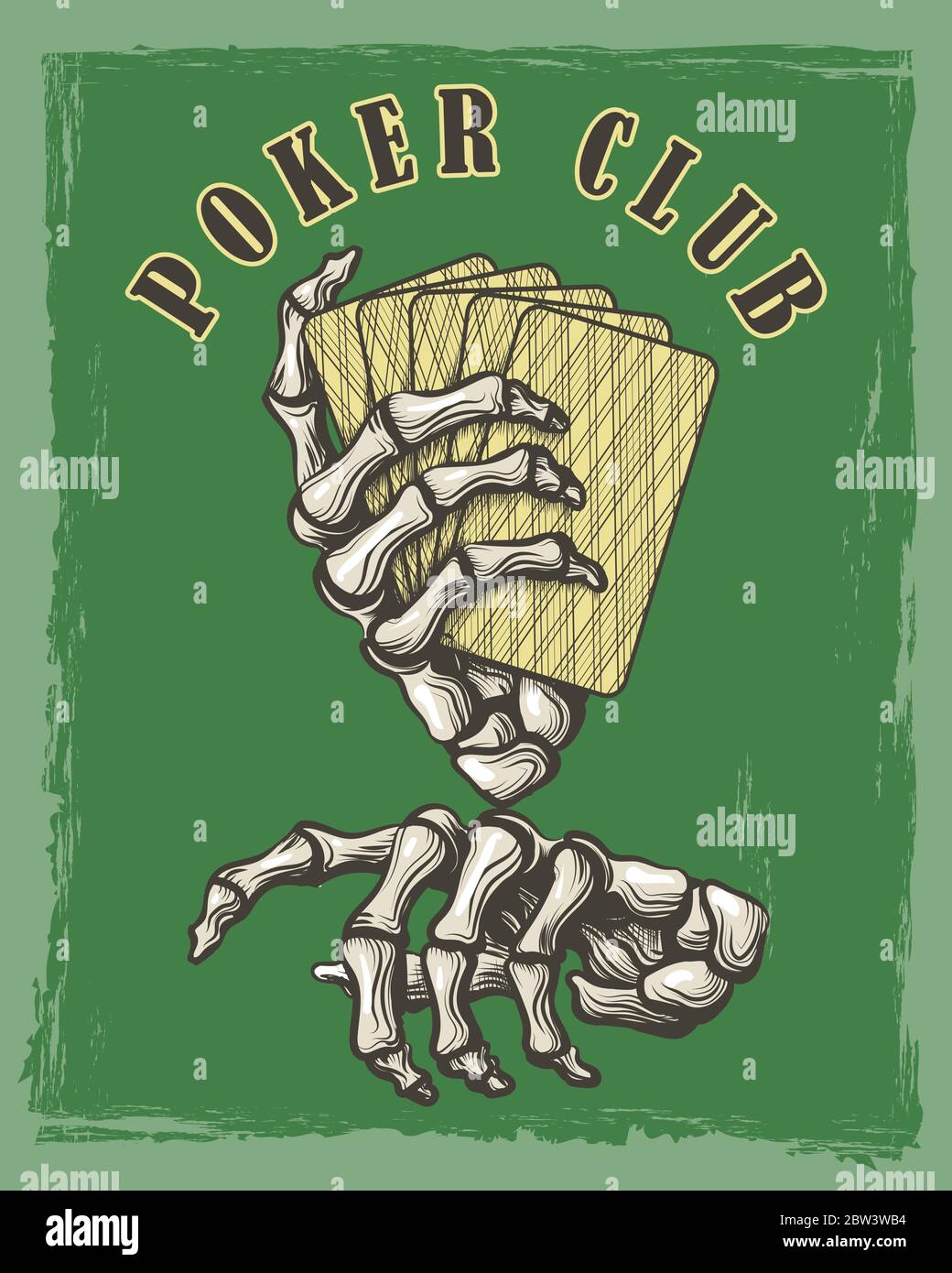 Skeleton hand holding a playing cards. Color vintage poster, label ...