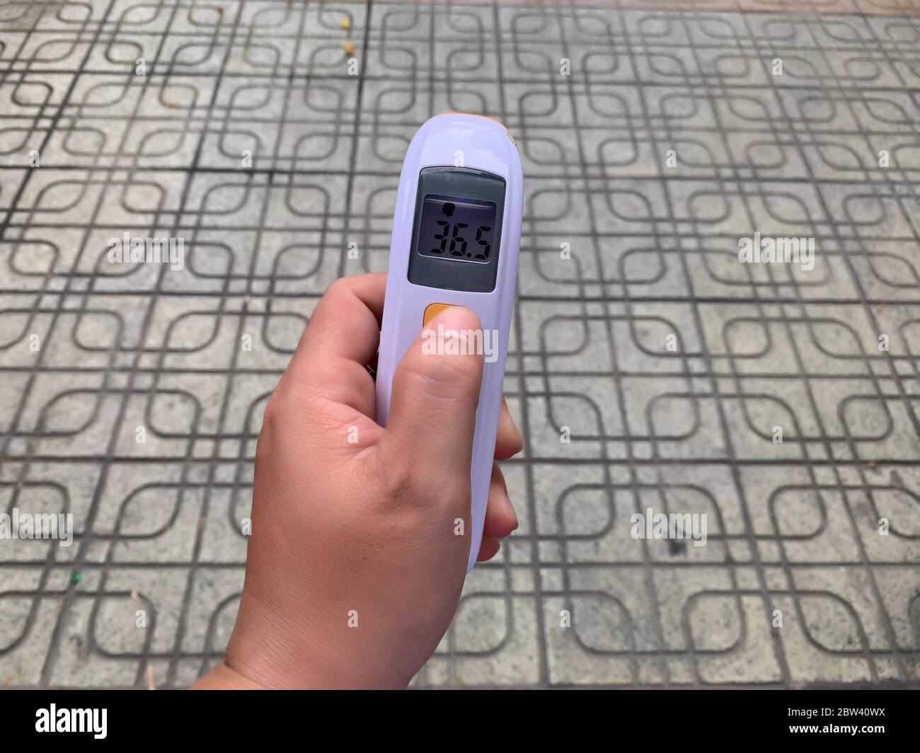 Hand holding simple Digital Infrared Thermometer (thermometer gun) for ...